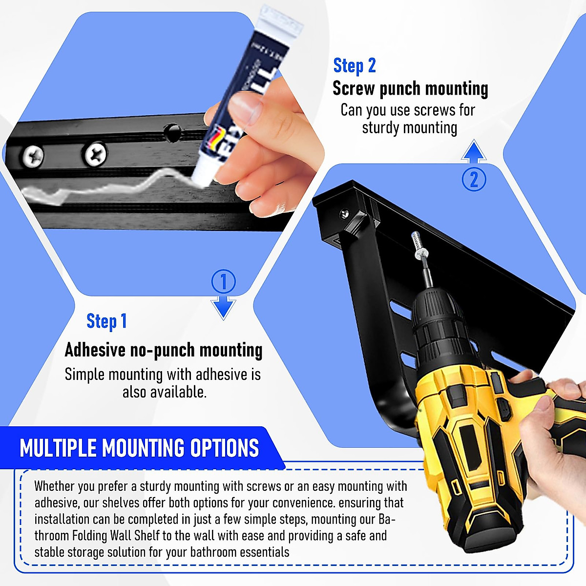 JJunLiM 2pcs Bathroom Shelves Wall Mounted 90° Foldable Wall Shelf for Bathroom 15.7inch Aluminum Shower Shelf Rack for Bathroom,Kitchen,Laundry Toilet Room,Camper, Trailer Bed, RV Shelves