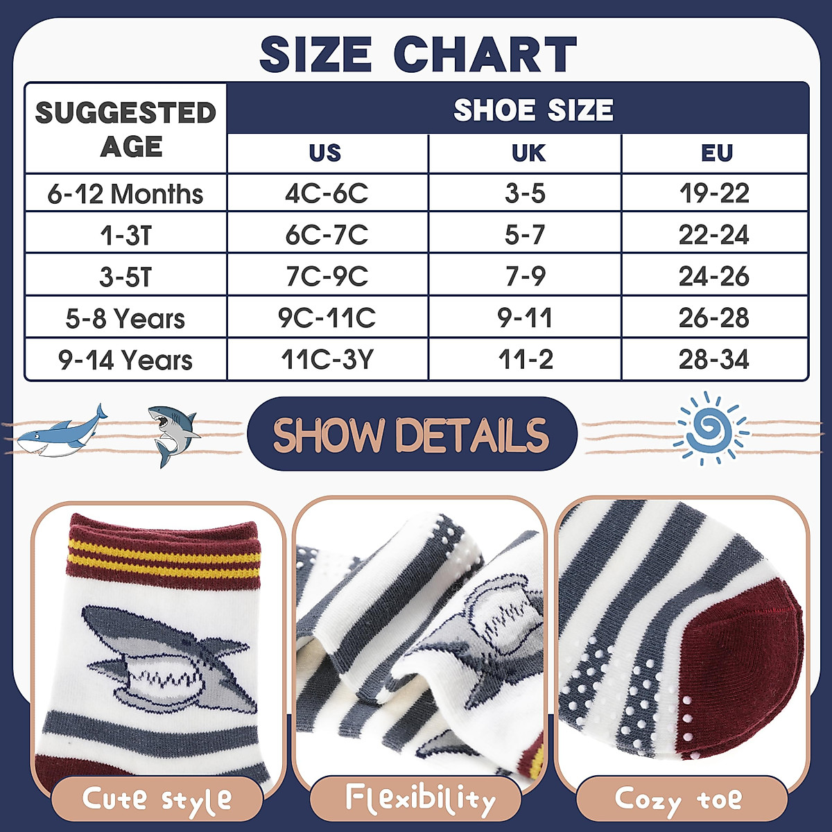 ANTSANG Baby Boys Grips Socks Kids Toddlers Infants Non Slip/Anti Skid Crew Cotton Socks 12 Pairs (Brown Striped(12 Pairs),5-8 Y)