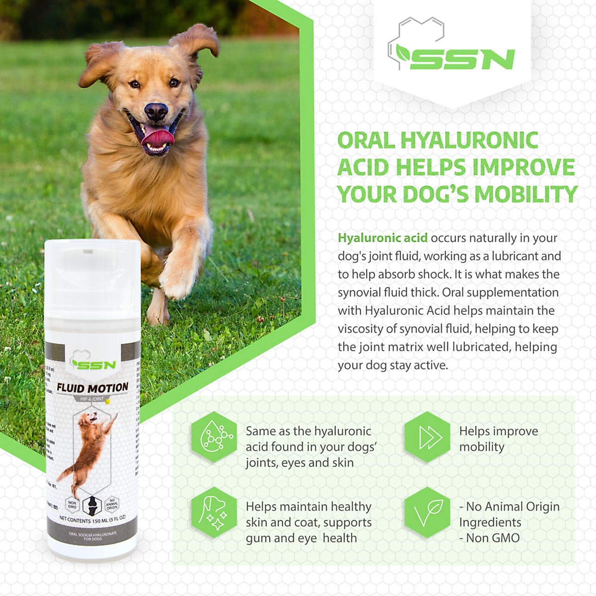 SSN Fluid Motion - Hyaluronic Acid for Dogs 30-60+ Day Supply - Liquid Joint Supplement for Senior Dogs - Apple Flavor - Hip & Joint Support, Mobility, and Comfort - Glucosamine Alternative (150ml)