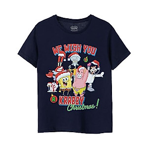 SpongeBob SquarePants Kids Christmas Navy T-Shirt | Boys Girls Patrick Squidward Sandy Mr Krabs Gary Krabby | Xmas Gift