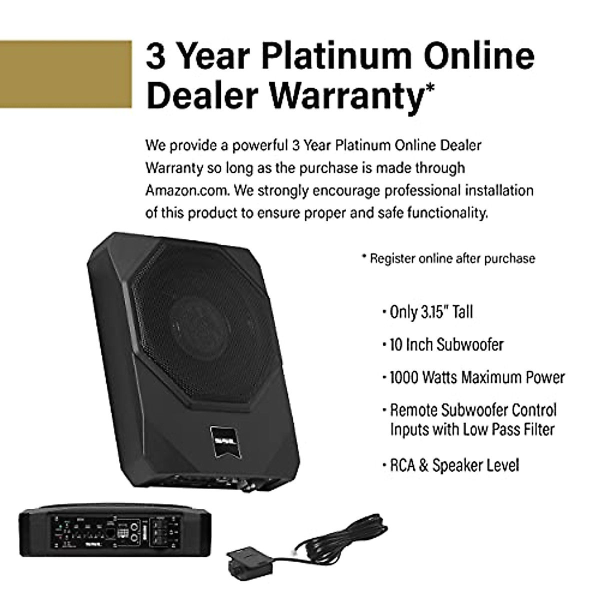 Sound Storm Laboratories US10K 10 Inch Under Seat Powered Car Audio Subwoofer - 1000 Watts Max, Low Profile, Built in Amplifier, for Truck, Boxes and Enclosures, Remote Subwoofer Control