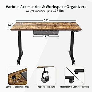 FEZIBO 55 x 24 Inches Standing Desk with Drawer, Adjustable Height Electric Stand up Desk, Sit Stand Home Office Desk, Ergonomic Workstation Black Steel Frame/Rustic Brown Tabletop