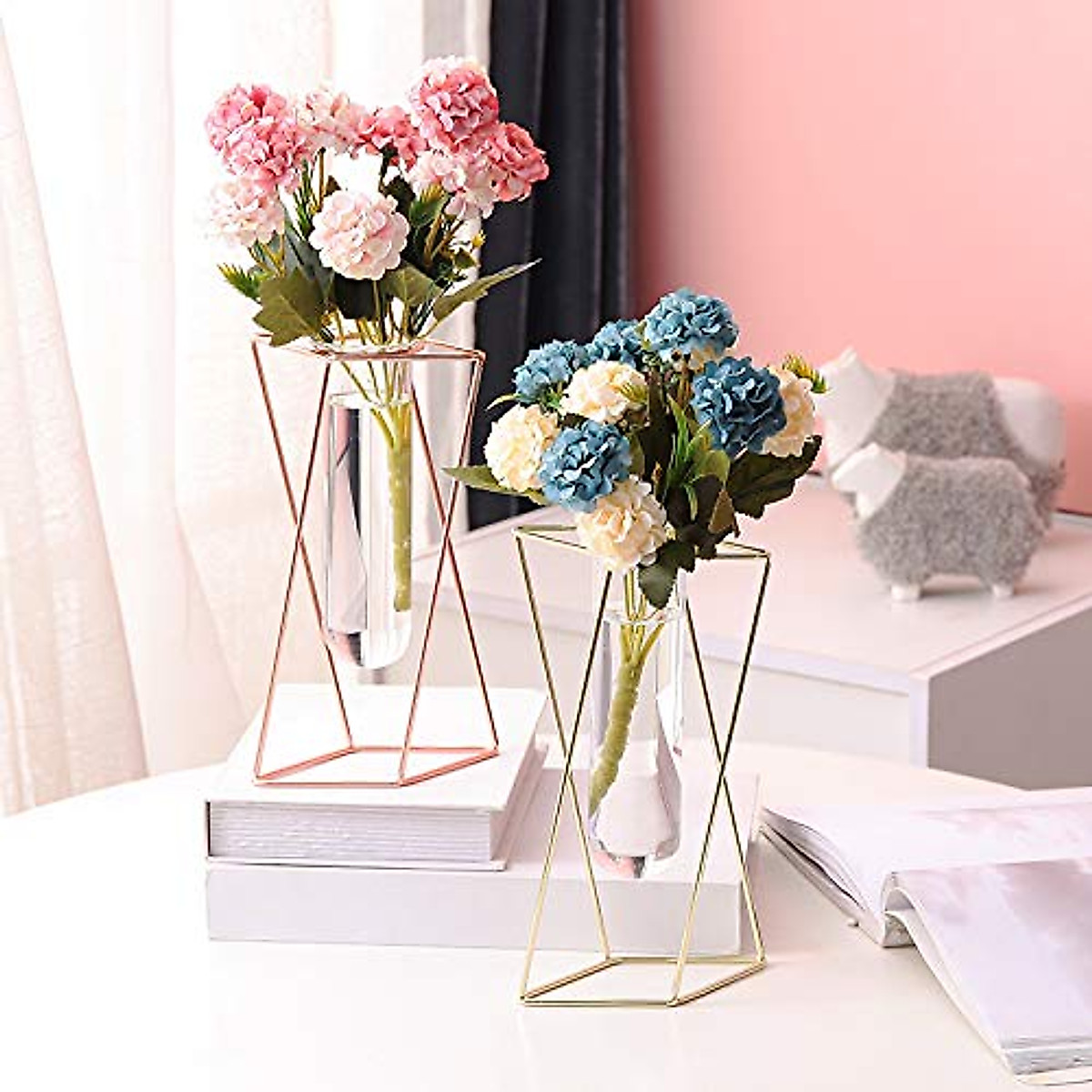 Aoderun Glass Flower Vase with Metal Stand Modern Geometry Desktop Glass Planter Indoor Hydroponics Plants for Home Office Garden Wedding Decor (Gold, M)