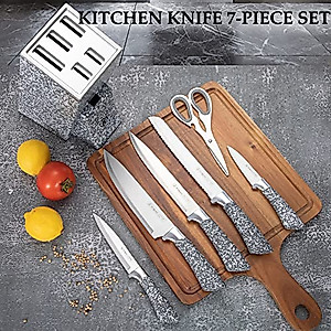 RETROSOHOO Kitchen Knife Set, 7-Pieces Grey Spray Paint Stainless Steel Chef Knife Set Sets with Knife Holder,Non-slip Ergonomic Handle Sharp Cooking Knives Sets with Gift Box for Men Women (Grey)