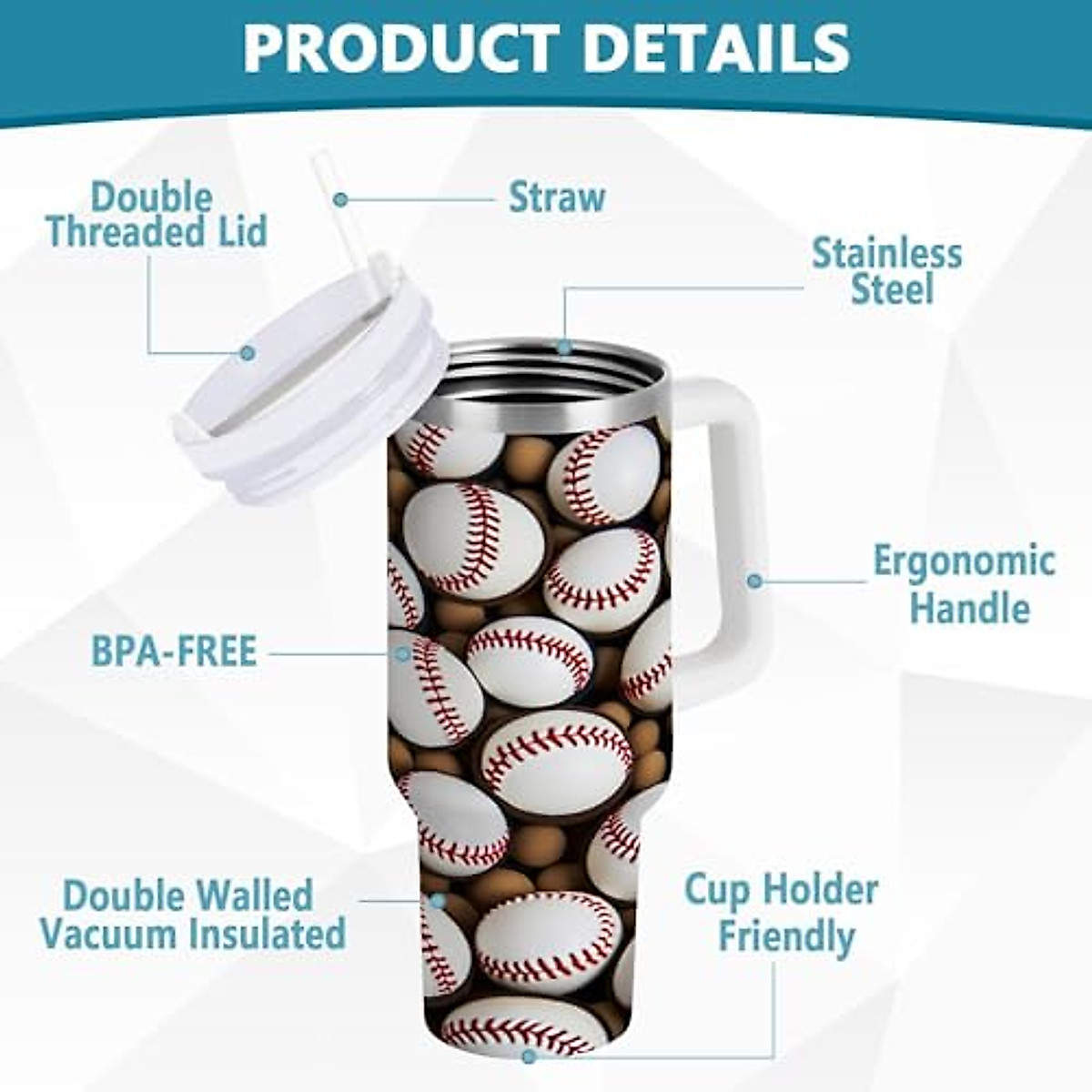 Jihqo Baseball Balls Pattern 40 oz Stainless Steel Vacuum Insulated Tumbler with Handle and Straw Lid, Leakproof Water Bottle Double Wall Travel Mug Coffee Cup, Cupholder Friendly
