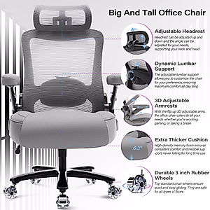 500lbs Big and Tall Office Chair- Heavy Duty Executive Computer Chair with 3D Flip Arms Large Wheels, Ergonomic Mesh High Back Desk Chair, Extra Wide Seat Adjustable Lumbar Support&Headrest