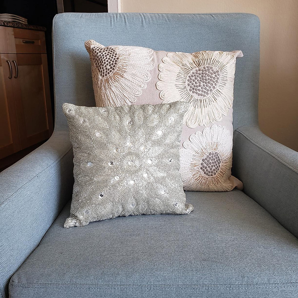 Hand Beaded Decorative Pillow Cover -16x16 Inch - Silver, Handwoven Pillow, Handmade by Skilled Artisans, A Beautiful and Elegant Accessory to Dress up Your Couch, Sofa and Bed - Only Cover - 2 Pack