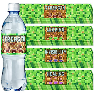 48 Pieces Pixel Waterproof Bottle Labels Miner Bottle Labels Party Decorations Potions Bottle Pixel Themed Birthday Party Supplies for Kids Boys Girls Video Game Pixel Style Birthday Party Favors