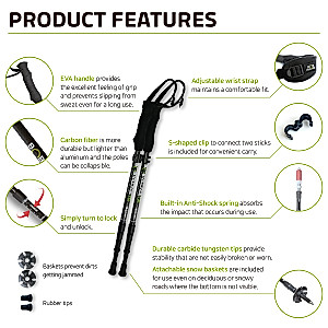 BOBVILLAGE Carbon Fiber Adjustable Trekking Poles, Premium Lightweight Collapsible Shock-Absorbent Hiking Walking Sticks for Backpacking Camping & Trail Running 47IN[Black]
