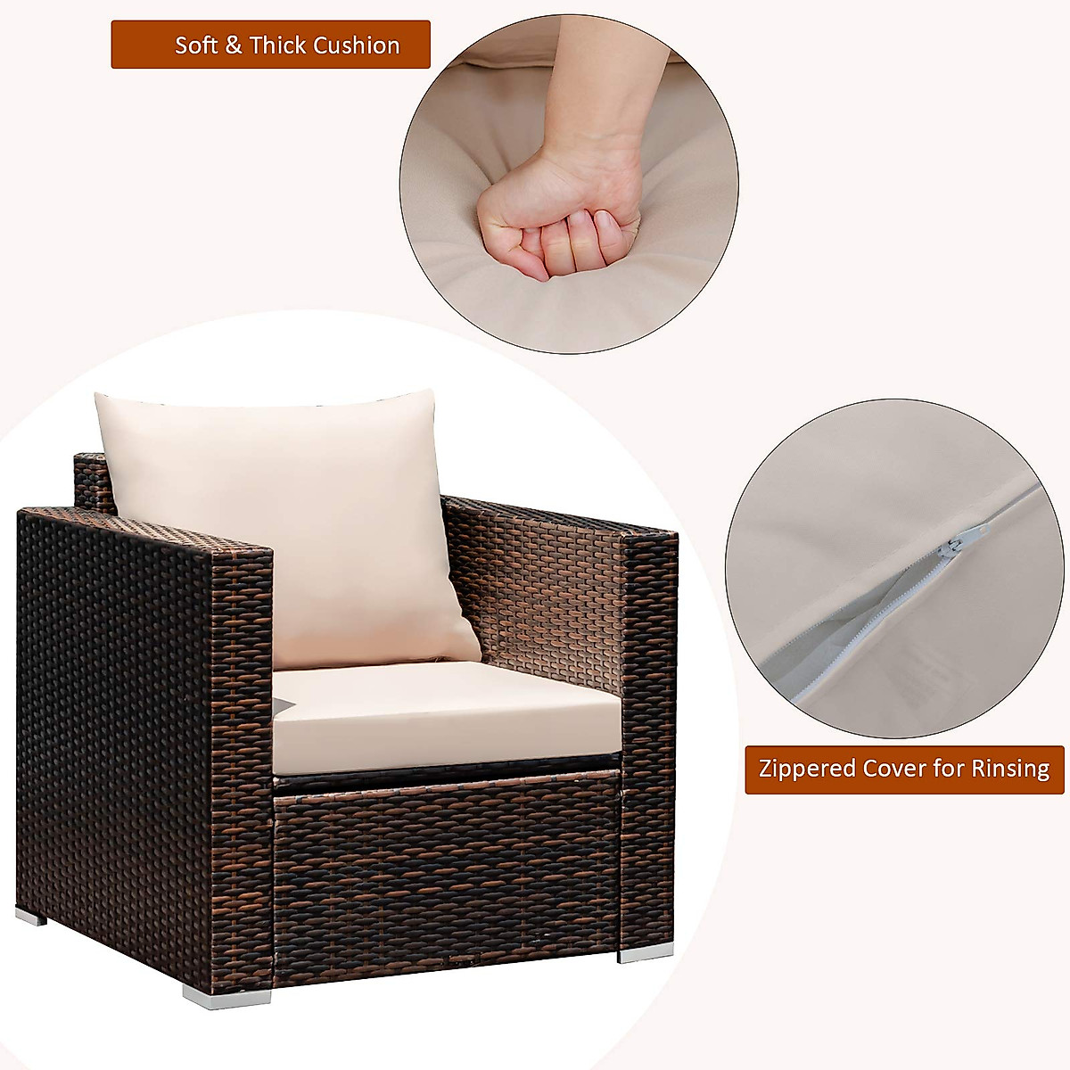 Tangkula 3 Pieces Patio Furniture Set, Outdoor Conversation Rattan Furniture Set w/Washable Cushion and Tempered Glass Tabletop, PE Rattan Wicker Sofa Set for Garden Poolside Balcony