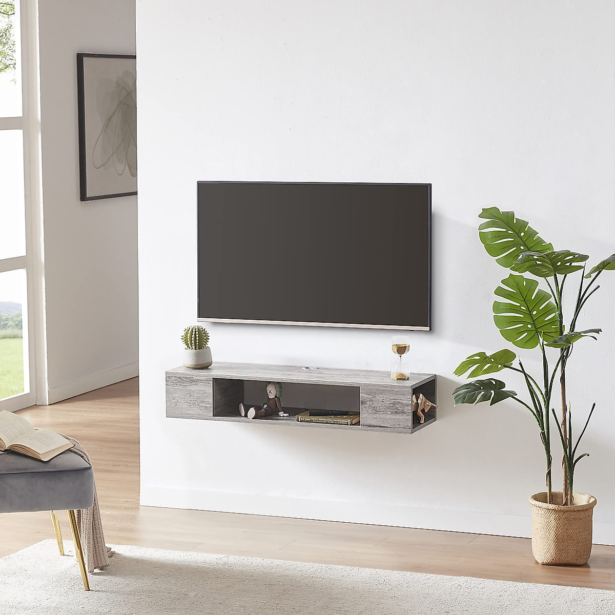 Grey Floating TV Stand and Console, Wall Mounted Entertainment Center with Storage, Space-Saving Under TV Shelf for Bedroom and Living Room