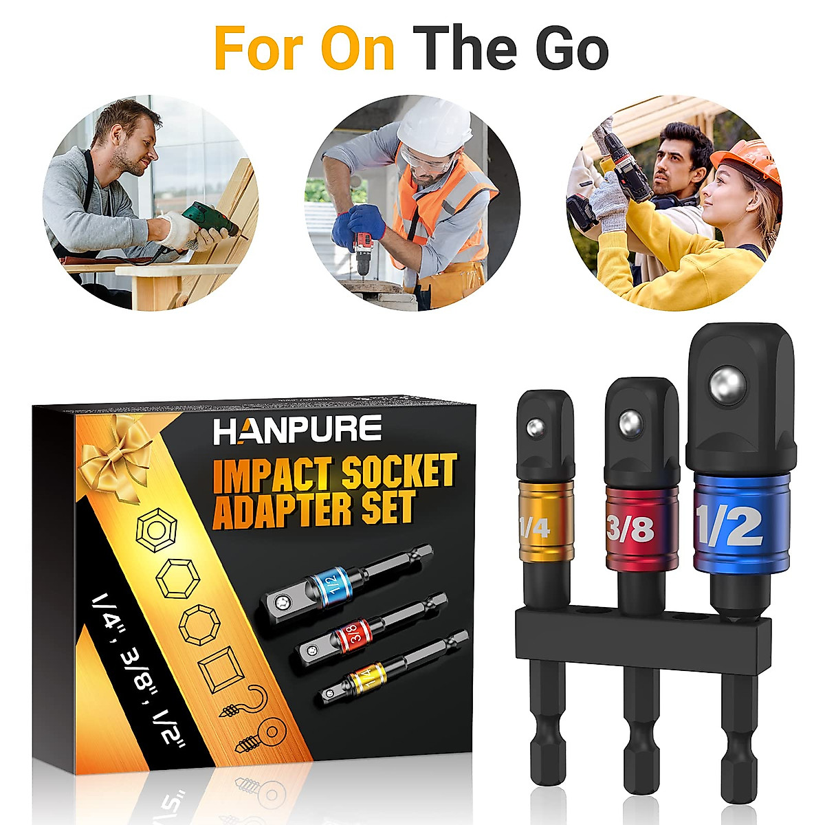 Impact Grade Socket Adapter Set - 2 Pack Extension Drill Bit Socket Wrench Adapter for Impact Driver with Holder 1/4" 3/8" 1/2" Drive Hex Shank Stocking Stuffers Gadgets Power Hand Tools Gifts for Men