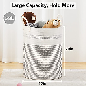 Fiona's magic 58L Woven Rope Laundry Hamper, Tall Boho Laundry Basket Storage, Large Baby Nursery Hamper for Blankets, Toys and Clothes Hamper for Bedroom and Living Room Organizing, Jute, White