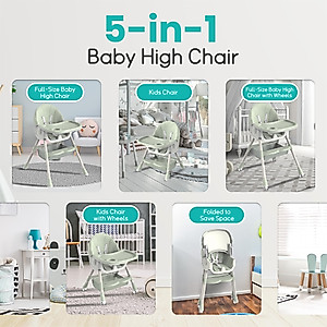 Baby Folding High Chair Convertible Compact with Removable 5-Point Harness for Baby Girl & Boy Ages 6-72 Months Adjustable & Removable Detachable Double Tray Easy to Clean with Wheels