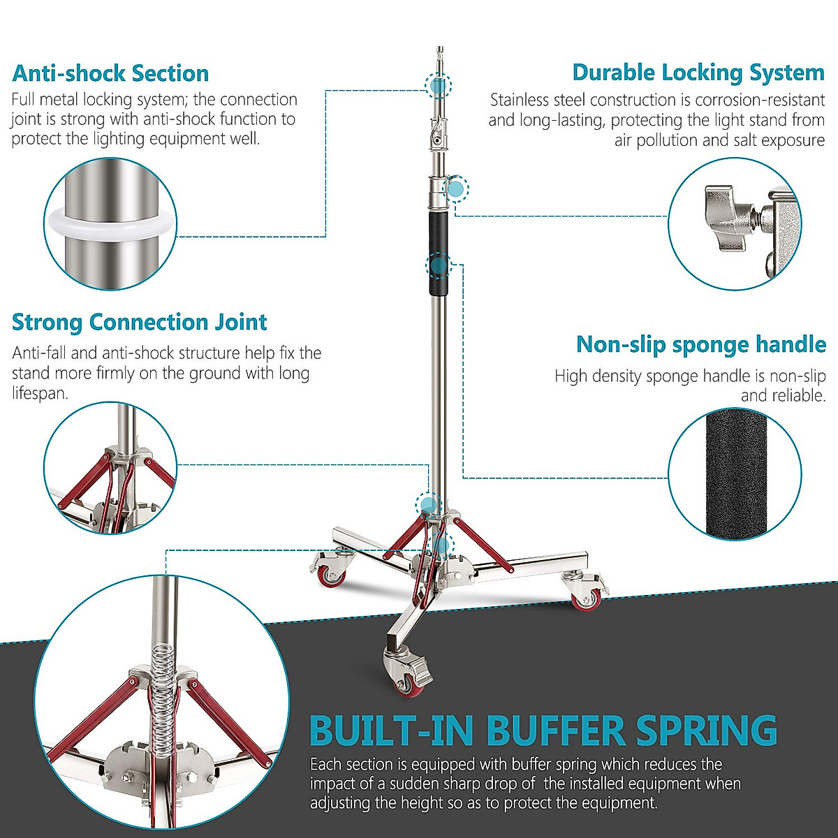 Neewer Heavy Duty Light Stand with Casters, Adjustable Tripod Stand with 100% Stainless Steel, Photography Wheeled Base Stand for Studio Softbox, Monolight, Reflector, Max Height: 10ft/305cm
