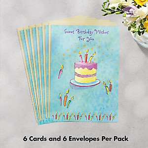 Designer Greetings Special Thoughts Happy Birthday Cards, “Sweet Birthday Wishes” Cake with Candles Design (Pack of 6 Cards with Yellow Envelopes)