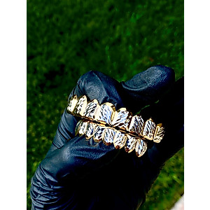 Shop-iGold 18k Gold Silver Two Tone Plated Cluster Custom Slugs Fangs Top Bottom Diamond Cut Grillz Mouth Teeth Grills Set - Grillz, Teeth Cap