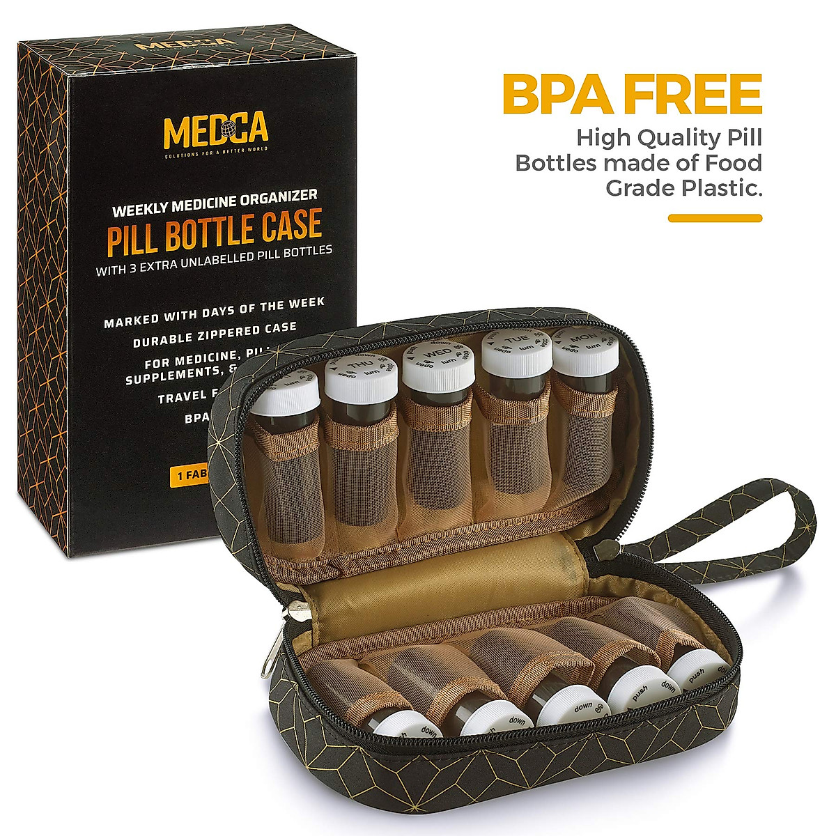 Pill Case and Pills Bottle Organizer - Weekly and Daily Medicine Container Carrier Tote Bag for Weekly Pill Bottles with 3 Extra Daily Bottles