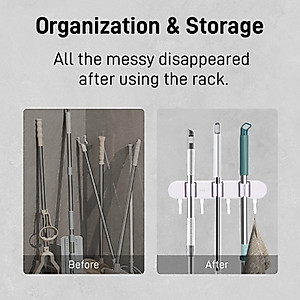 AACGIN Broom Holder Wall Mount with 2 Slots & 3 Hooks Heavy Duty Garden Tool Organizer Broom Holder for Home Laundry Room Kitchen Closet Shed Garage Organization and Storage - White