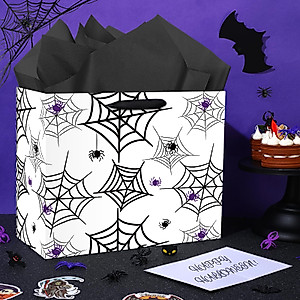 Halloween Spider Gift Bag Trick or Treat Gift Bag with Tissue Paper Greeting Card Halloween Party Favors Spider Web Wrapping Paper Goodie Bag for Halloween Birthday Baby Shower Party Supplies