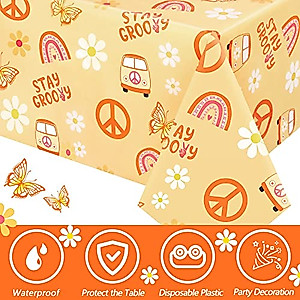 4 Pcs Stay Groovy Tablecloth Retro Hippie Boho Party Table Covers Daisy Flower Bohemian Rainbow Tablecloths Disposable Waterproof Table Cover 60s Theme Birthday Party Decor Supplies (42.5 x 70.8 Inch)