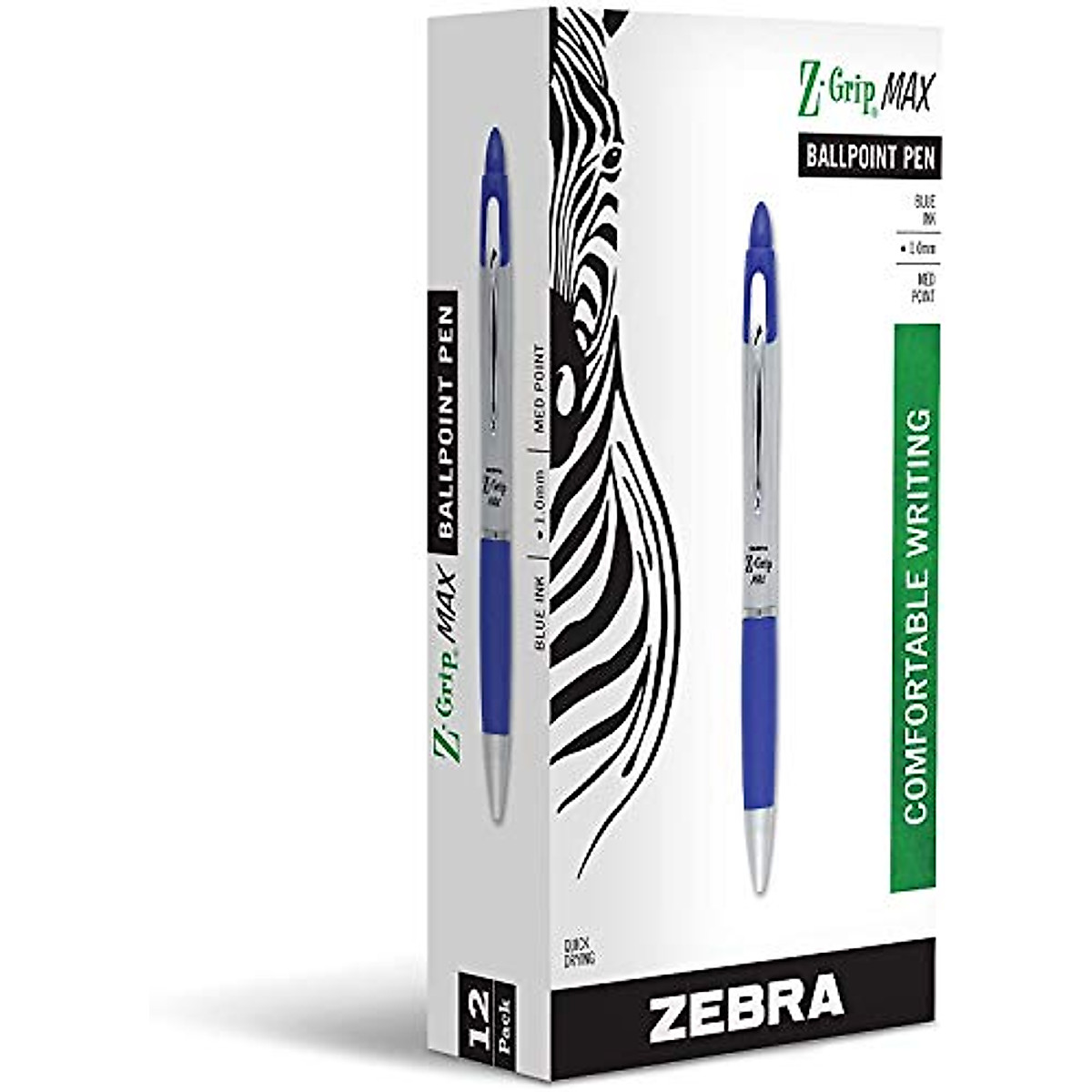 Zebra Pen Z-Grip MAX Retractable Ballpoint Pen, Medium Point, 1.0mm, Silver Barrel, Blue Ink, 12 Pack