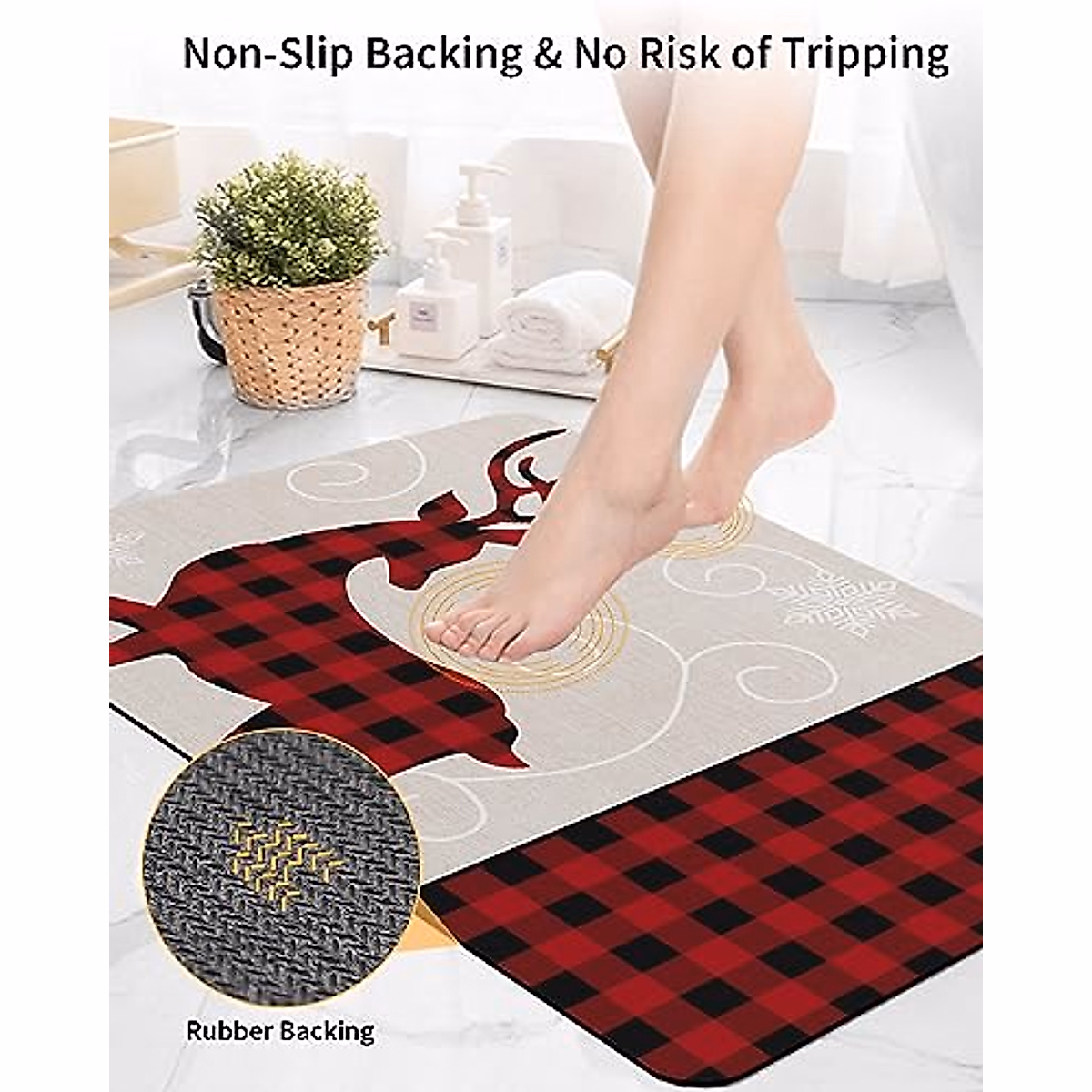 Christmas Reindeer Bath Mat for Tub,Non Slip Bathroom Floor Runner Rug Quick Dry & Absorbent Diatomaceous Earth Kitchen Shower Sink Washable Doormat,Red Black Buffalo Plaid Checkered Snowflake 16"x24"