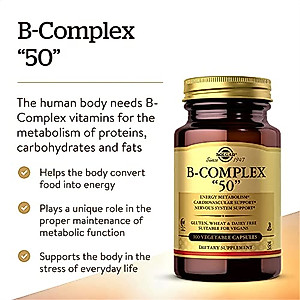 Solgar B-Complex “50”, 100 Vegetable Capsules - Energy Metabolism, Cardiovascular Support, Nervous System Support - Non-GMO, Vegan, Gluten Free, Dairy Free, Kosher, Halal - 100 Servings