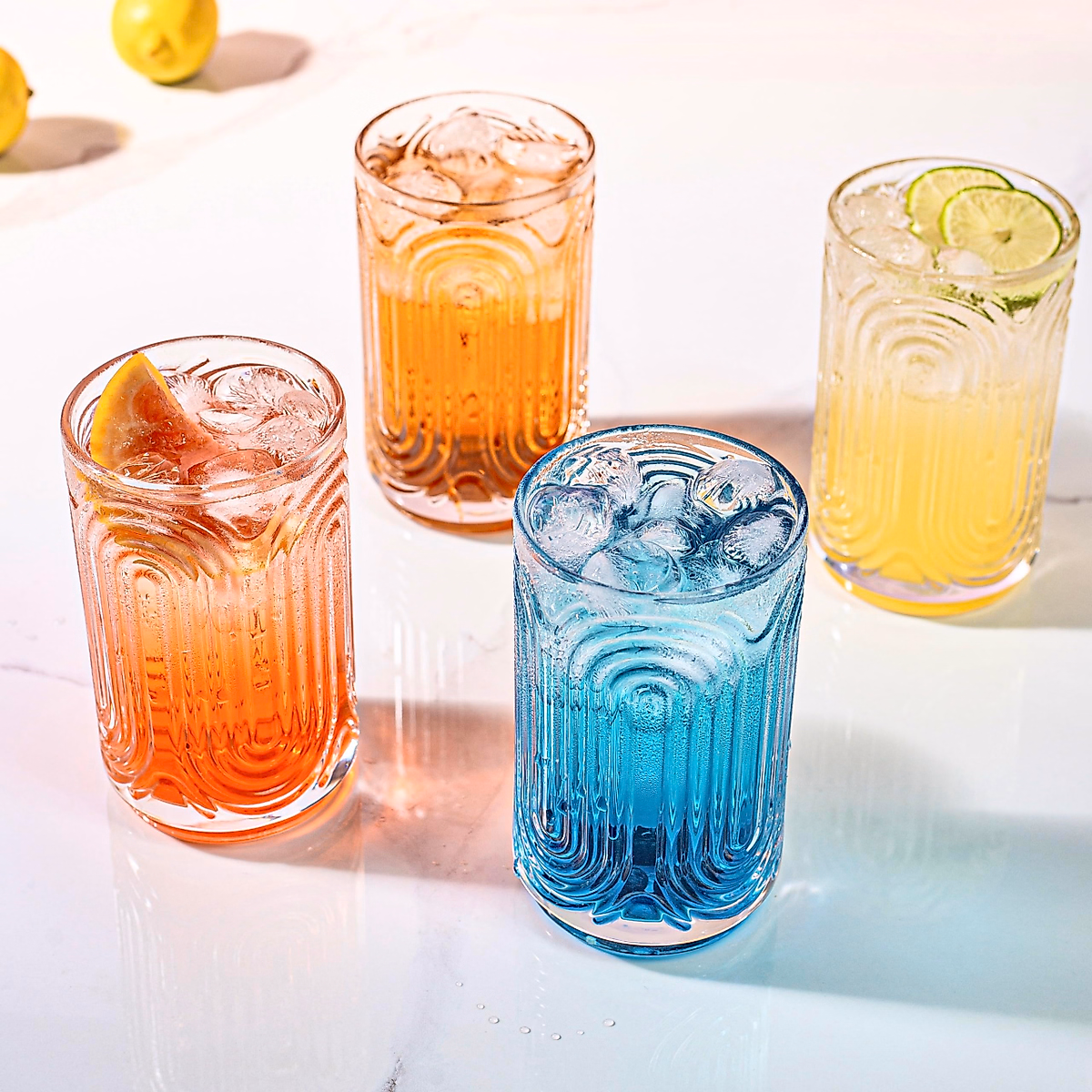 INSETLAN Set of 6 Vintage Glassware - 14 oz Water Drinking Glasses, Art Deco Ripple Glass Cup, Cocktail Glasses, for Bar Beverages Ice Coffee Juice, Housewarming Presents, New House Essentials