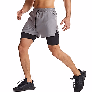 Surenow Mens 2 in 1 Running Shorts Quick Dry Athletic Shorts with Liner, Workout Shorts with Zip Pockets and Towel Loop Light Grey