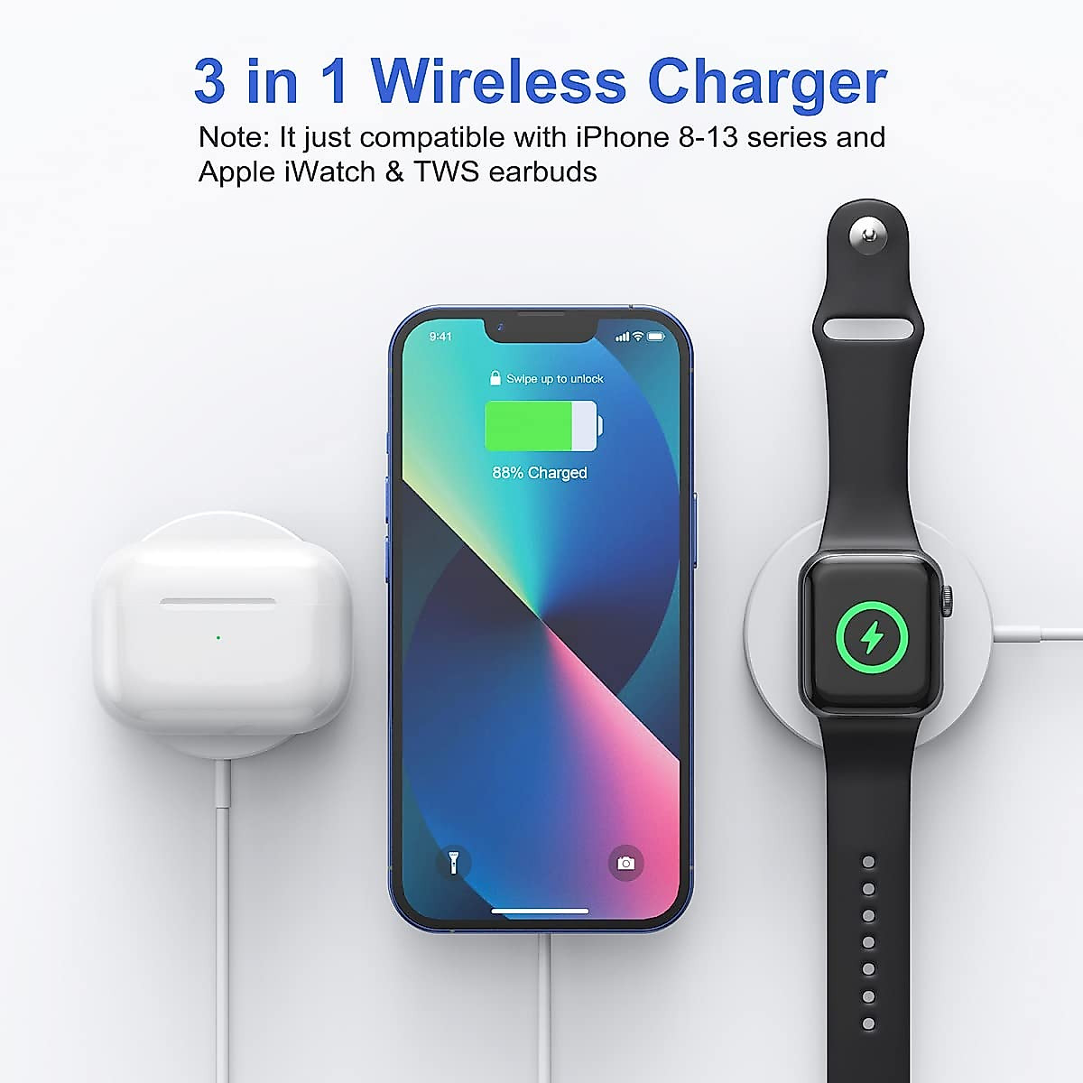 Magnetic Wireless Charger 3 in 1, 15W Fast Wireless Charging for iPhone 14/13/12/11 Series/XS Max/XS/XR/X/8/8 Plus, Compatible with Apple iWatch SE/7/6/5/4/3/2, AirPods Pro/3/2