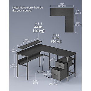 VASAGLE L-Shaped Desk with Power Outlets, Computer Desk with Monitor Stand, Corner Desk, Gaming Desk with LED Lights, 2 Drawers, Easy to Assemble, for Home Office, Ebony Black ULWD095B56