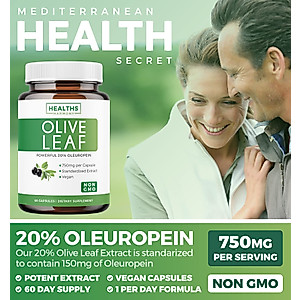 Olive Leaf Extract (Non-GMO) Super Strength: 20% Oleuropein - 750mg - Vegetarian - Immune Support Supplement, Skin Health, and Powerful Antioxidants Supplement - No Oil or Liquid - 60 Capsules