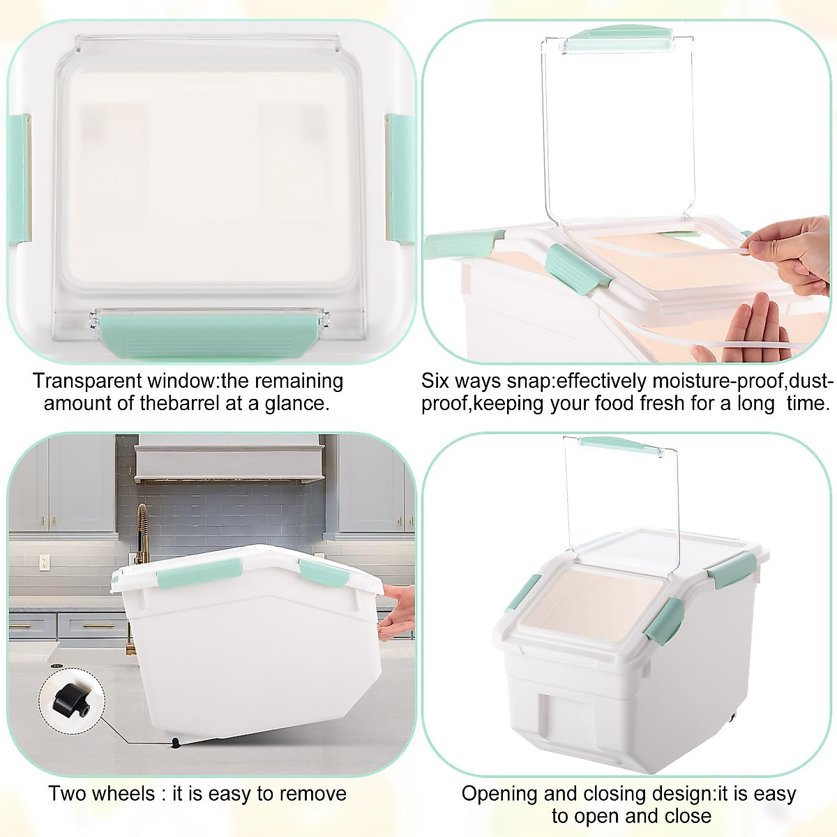 Purpeak 4 Pack Grain Rice Storage Bin Flour Storage Container 20 Lbs with Wheels Measuring Cup Airtight Lid Plastic Cereal Pet Food Storage Boxes for Dry Food Sugar Baking Cat Bird Dog Food (Green)