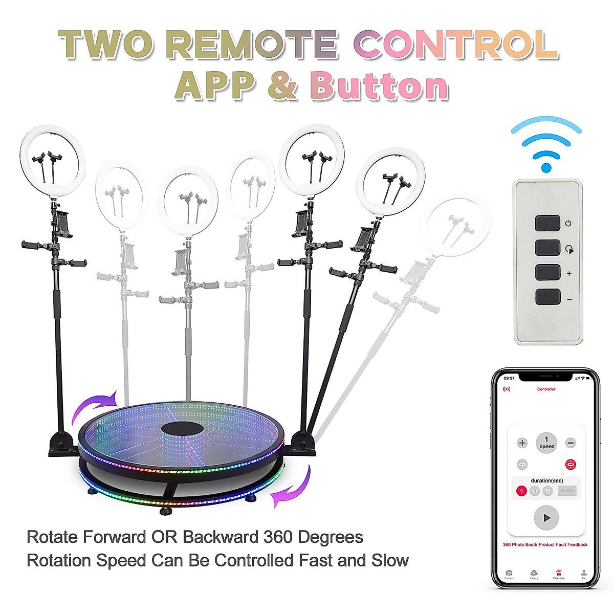 MWE 360 Photo Booth Machine Glass Bottom for Parties with RGB Lights,Software APP Remote Automatic 360 Spin Camera Booth Flight Case 39.4" 100cm for 3-5 People to Stand on