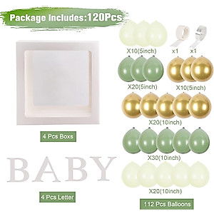 Baby Shower Decorations Boy Girl - 4Pcs Transparent Baby Balloon Boxes and 112Pcs Green White Gold Balloons Arch Kit for Sage Green Baby Shower Decorations, Christening, Gender Reveal Party Supplies