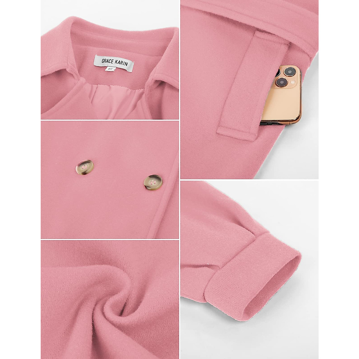 GRACE KARIN Girls Wool Blend Pea Coat Lapel Dress Coat Jackets with Pockets Belt Pink 12Y