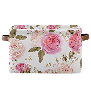 susiyo Large Foldable Storage Bin Floral Pink Roses Fabric Storage Baskets Collapsible Decorative Baskets Organizing Basket Bin with PU Handles for Shelves Home Closet Bedroom Living Room-1Pack