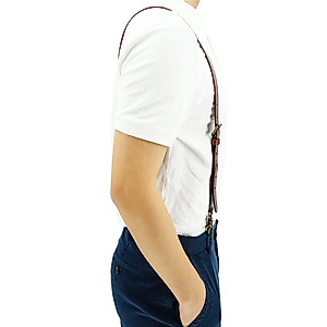 Lawevan Men's Reddish Brown Shiny Genuine Leather Suspenders, Steampunk Style Y back Adjustable Belt Loop, 3 Snap Hooks