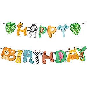 LJCL Safari Animals Happy Birthday Banner, Jungle Party Sign Jungle Animals Theme Bunting Party Decorations Supplies for Safari/Jungle Themed Birthday Party, Two Wild Party Birthday Party Supplies
