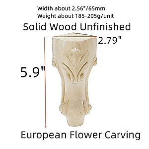 Tsnamay 5.9" Rubber Solid Wood Unfinished Furniture Legs Replacement Sofa Couch Chair,European Flower Carving Table Cabinet Furniture Wood Legs Set of 4