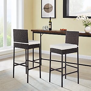 PayLessHere 2 Piece Outdoor Bar Stools 30" Wicker Patio Stools Bar Chairs Height Stools All Weather Patio Furniture with Footrest Khaki Cushion for Outdoor Indoor Pool Lawn Porch Backyard,Brown