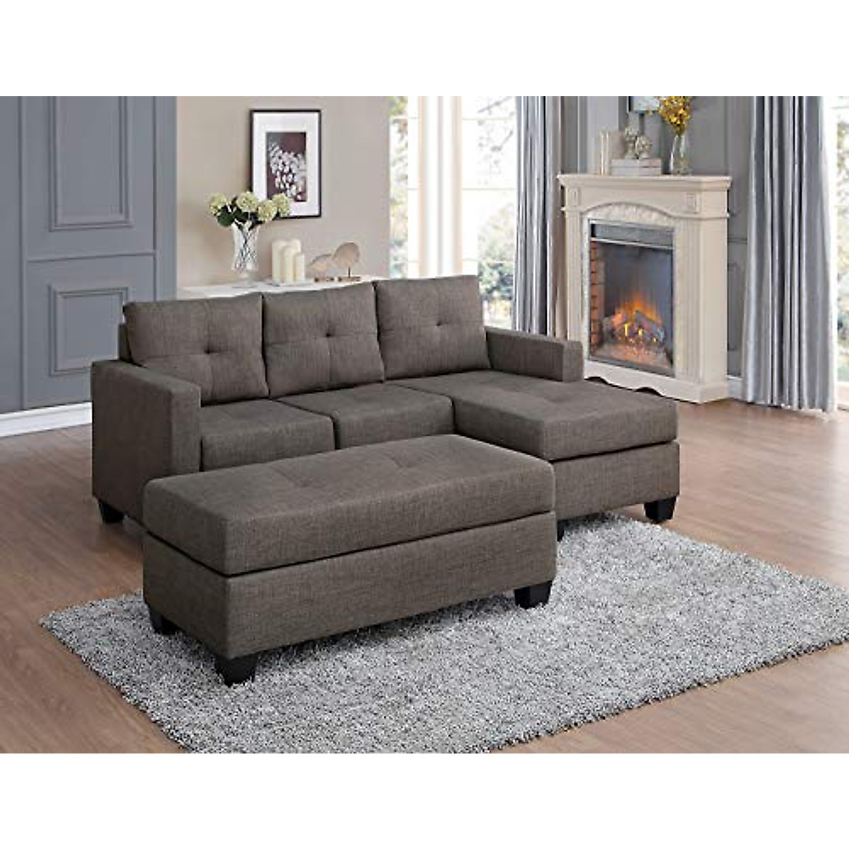 Homelegance Phelps 78" x 58" Fabric Reversible Chaise Sofa, Grayish Brown