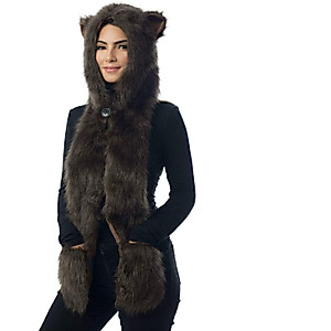 Brown Bear Full Animal Hood Hoodie Hat Faux Fur 3 in 1 Function