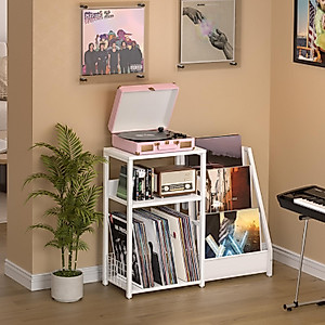 LELELINKY Record Player Table,Turntable Shelf with Vinyl Storage Up to 150 Albums,White Side Table with 3 Tier Magazine Periodical Book Rack,Wide Metal Record Holder Cabinet for Room Office