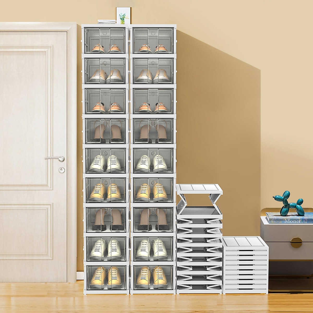 Lacusmall Collapsible Shoe Organizer with Doors,9 Tiers Stackable Shoe Organizer for Closet,No Assembly Sturdy Clear Collapsible Shoe Cabinet for Living Room Bedroom(White)