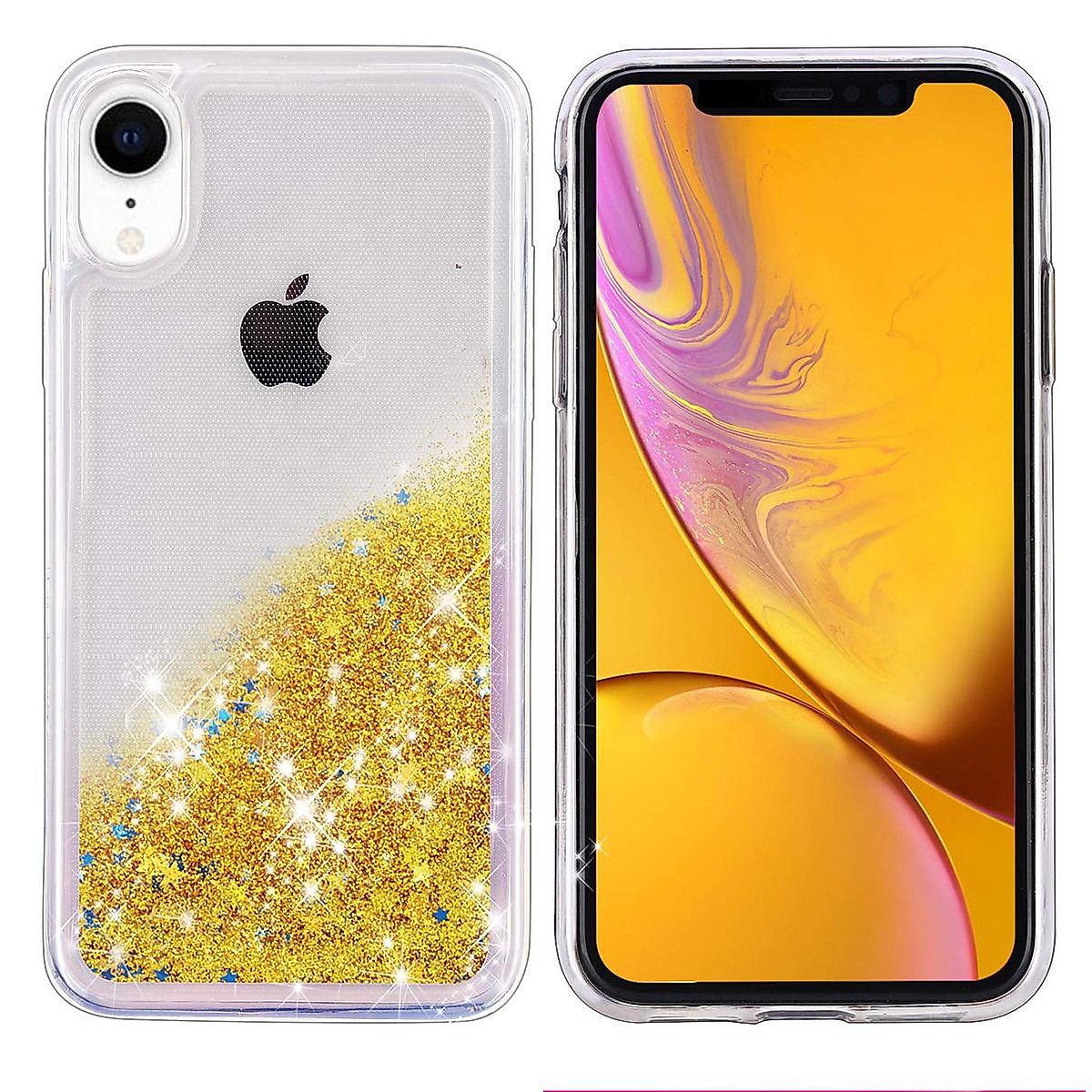 WORLDMOM for iPhone XR Case, Double Layer Design Bling Flowing Liquid Floating Sparkle Colorful Glitter Waterfall TPU Protective Phone Case for iPhone XR [6.1 Inch 2018], Yellow
