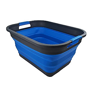 SAMMART 36L (9.5 gallon) Collapsible Plastic Laundry Basket-Foldable Pop Up Storage Container/Organizer-Portable Washing Tub-Space Saving Hamper, Water capacity: 28L(7.4 gallon) (1, Grey/Blue)