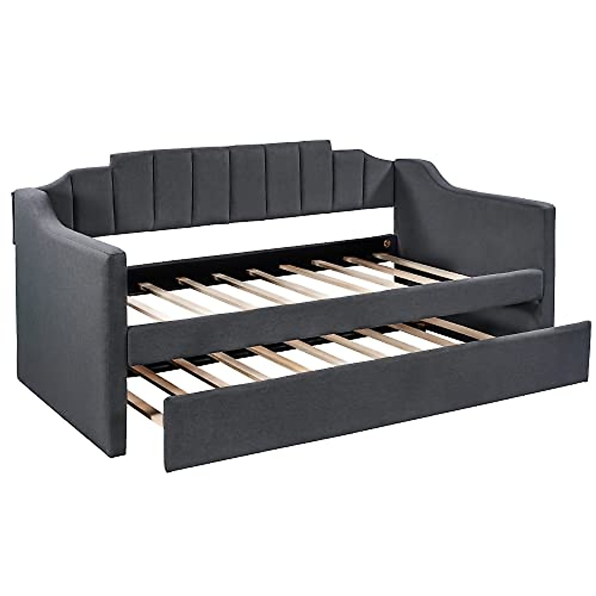 RUNWON Upholstered Twin Size Daybed with Trundle Modern Wood Sofa Bed for for Living Room and Bedroom,No Spring Box Needed, Black