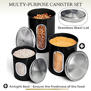 MiXPRESSO 3 Piece Black Canisters Sets For The Kitchen, Kitchen Jars With See Through Window | Airtight Coffee Container, Tea Organizer, And Sugar Canister, Kitchen Canisters Set of 3 (Black)